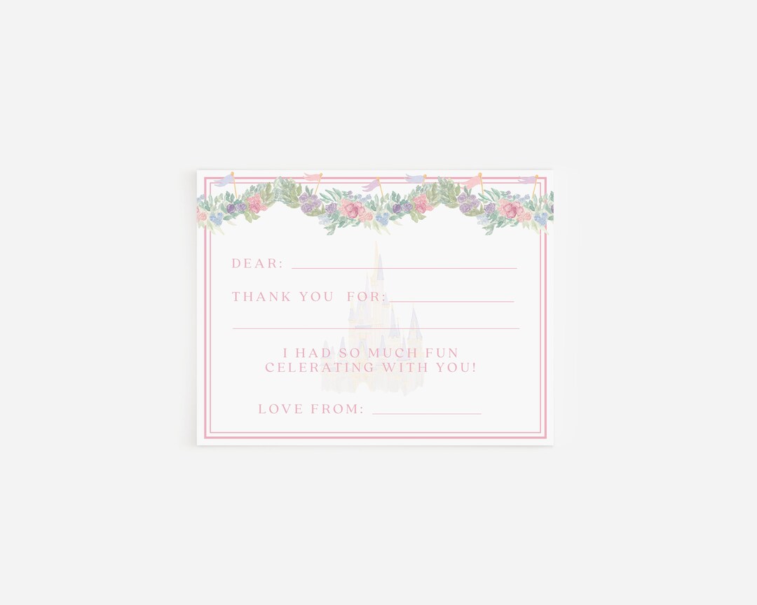 Pink Princess Floral Fill-in the Blank Thank You Card for Kids ...