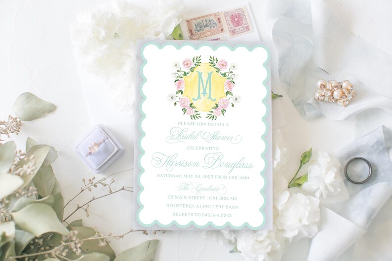 Floral Crest Bridal Shower Invitation, Watercolor Design (digital or ...