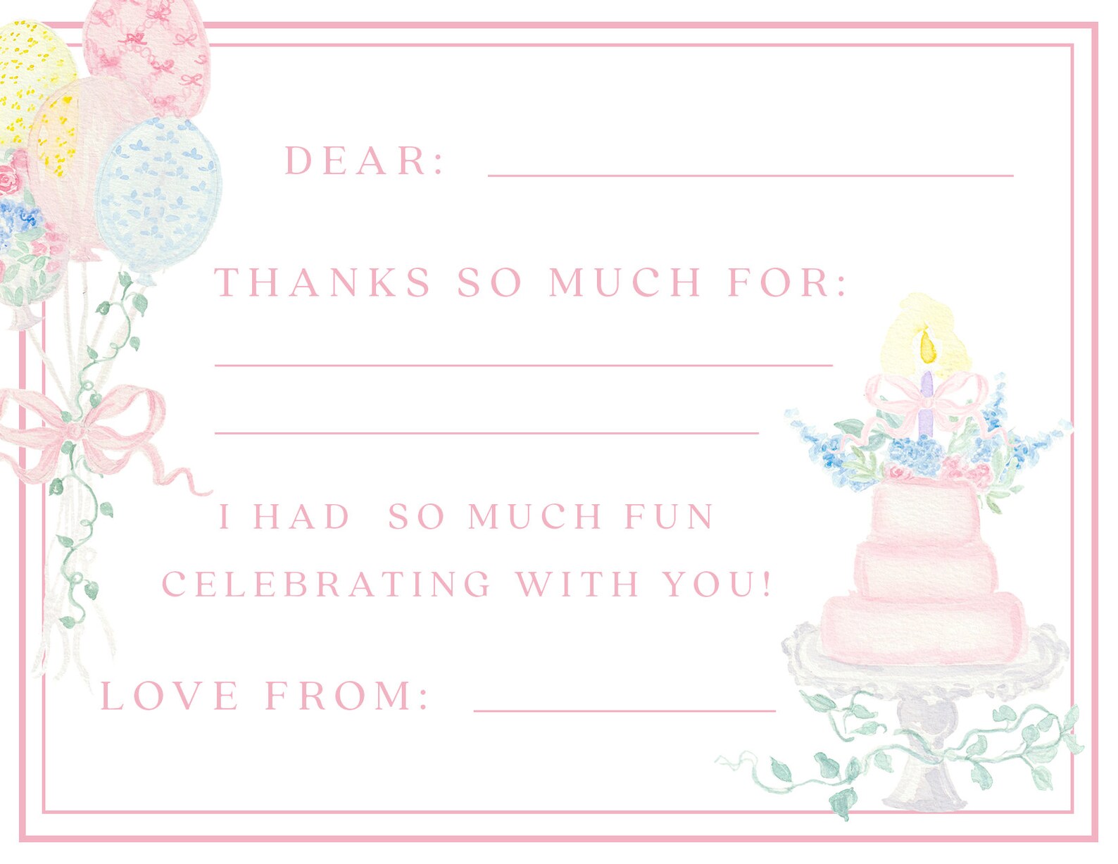 Pink Balloon Ribbon Fill-in the Blank Thank You Card for Kids, Editable ...