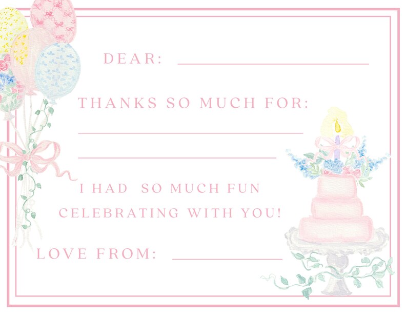 Pink Balloon Ribbon Fill-in the Blank Thank You Card for Kids, Editable ...