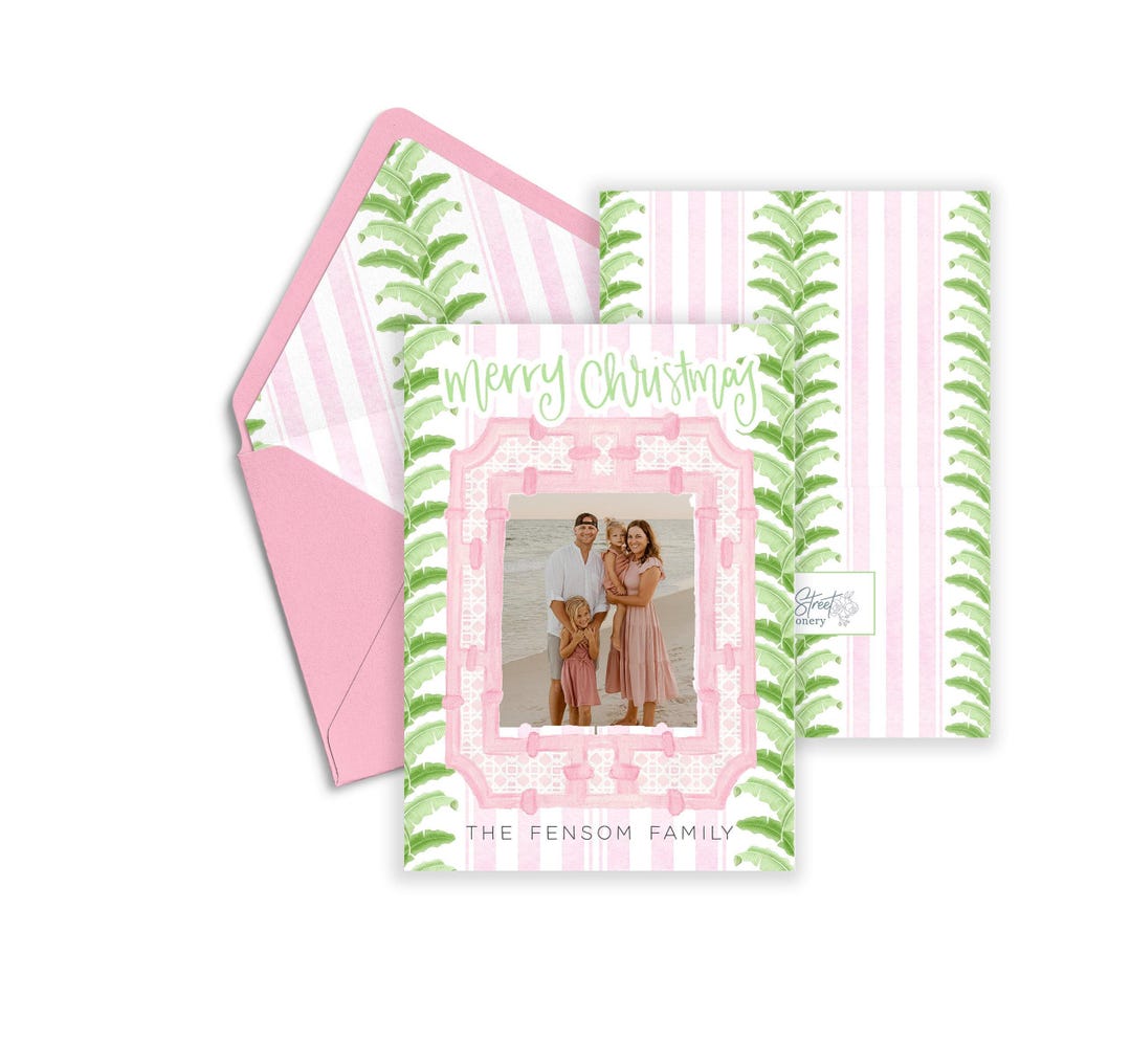 Preppy Pink Christmas Photo Card, Watercolor Pink Christmas Palm Tree ...