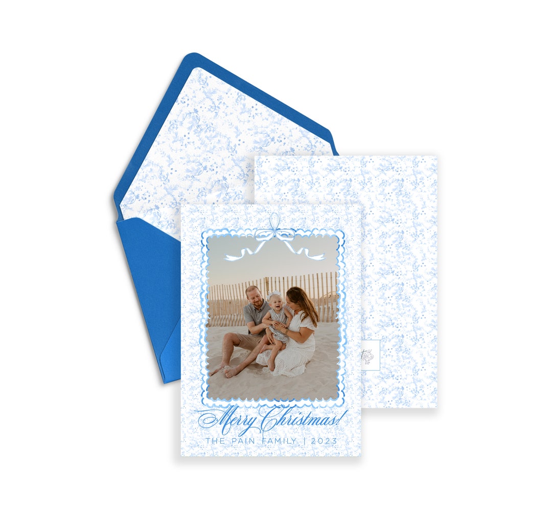 Blue and White Watercolor Toile Photo Christmas Card, Editable ...