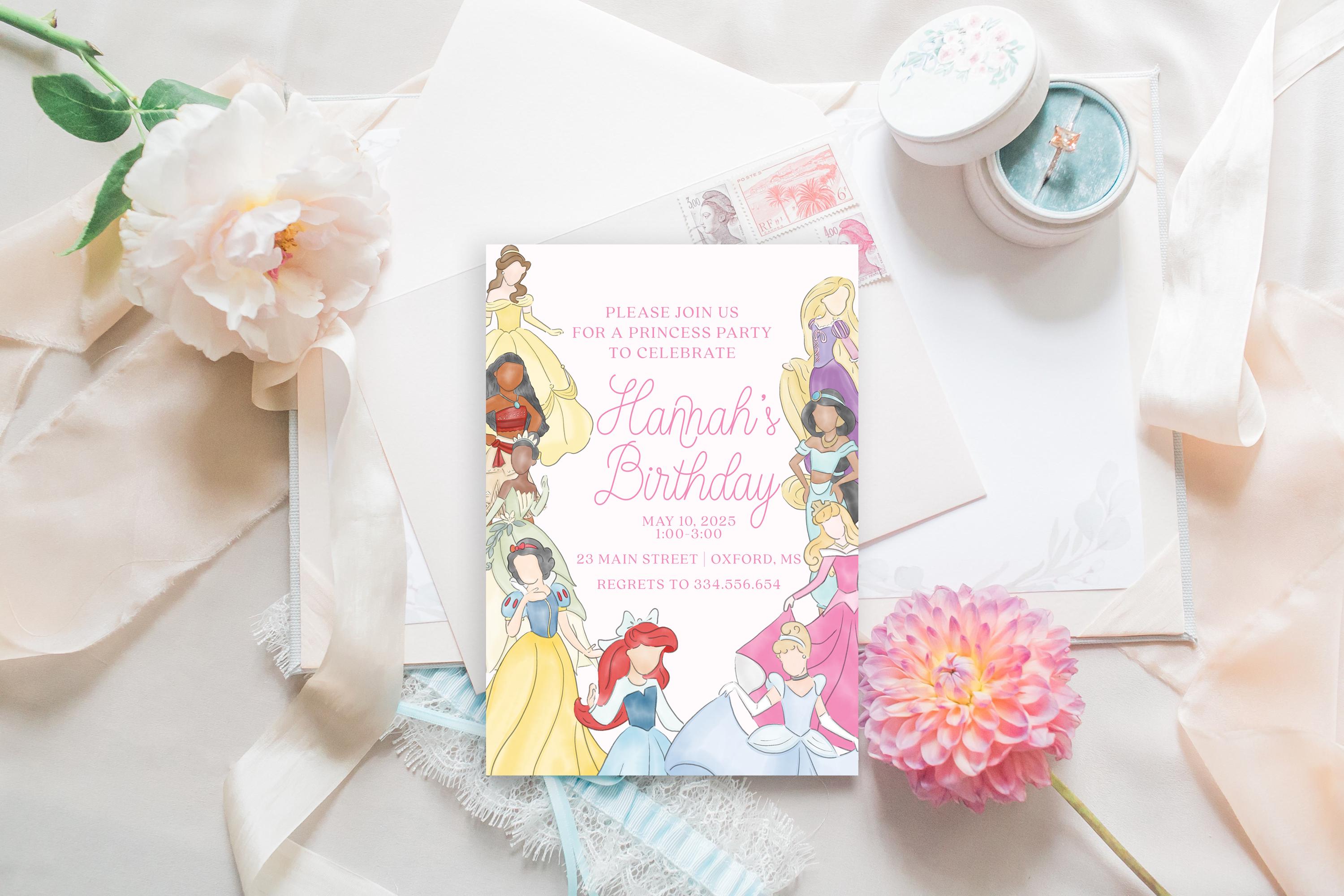 Hannah Princess Watercolor Pink Birthday Invitation, Watercolor ...