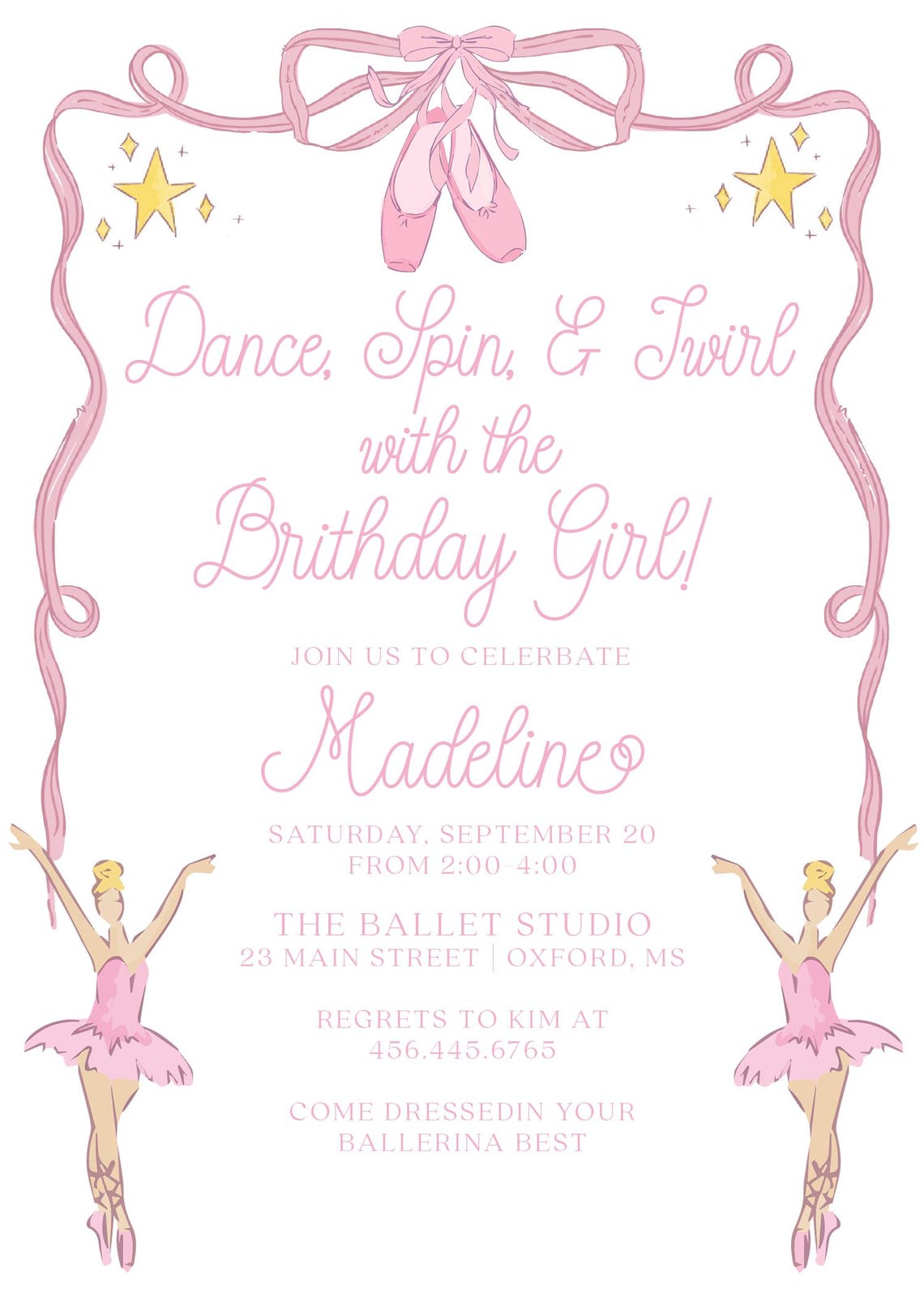 Madeline Dance Birthday Party Invitation, Dance Spin and Twirl for the ...