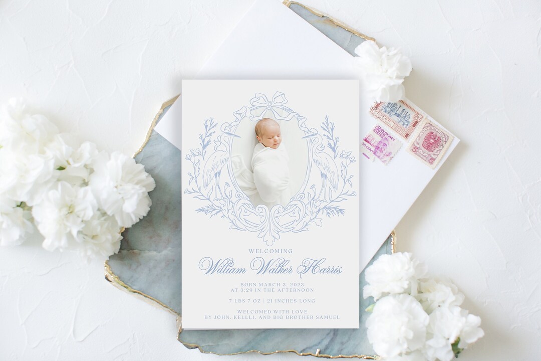 William Baby Birth Announcement, Watercolor, Classic Baby Birth, Blue ...