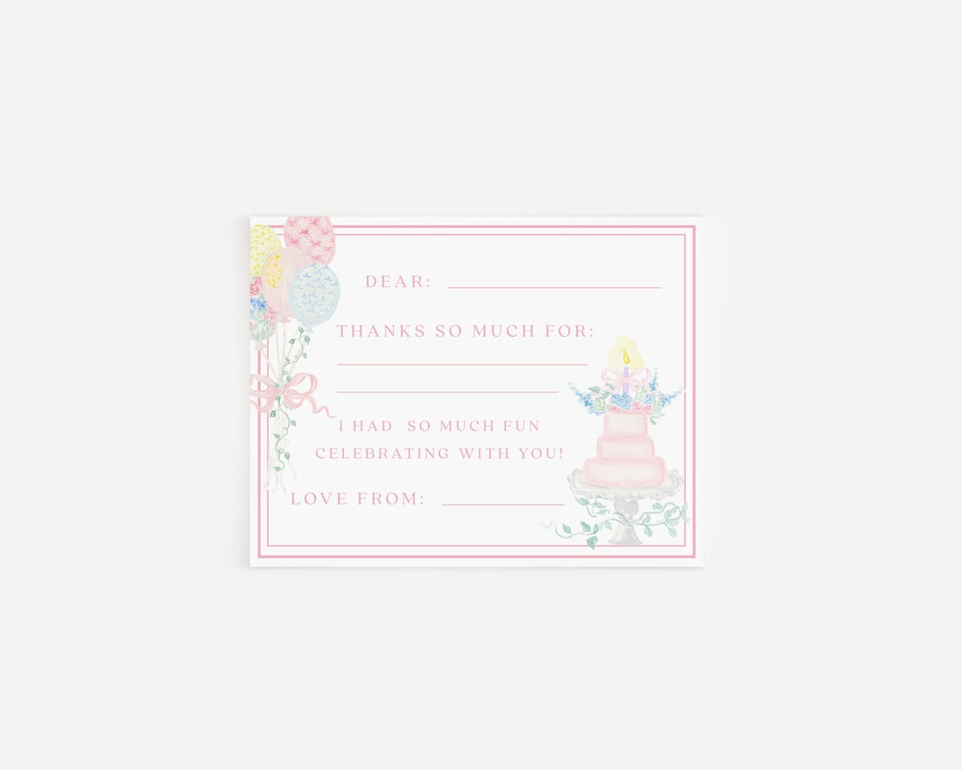 Pink Balloon Ribbon Fill-in the Blank Thank You Card for Kids, Editable ...