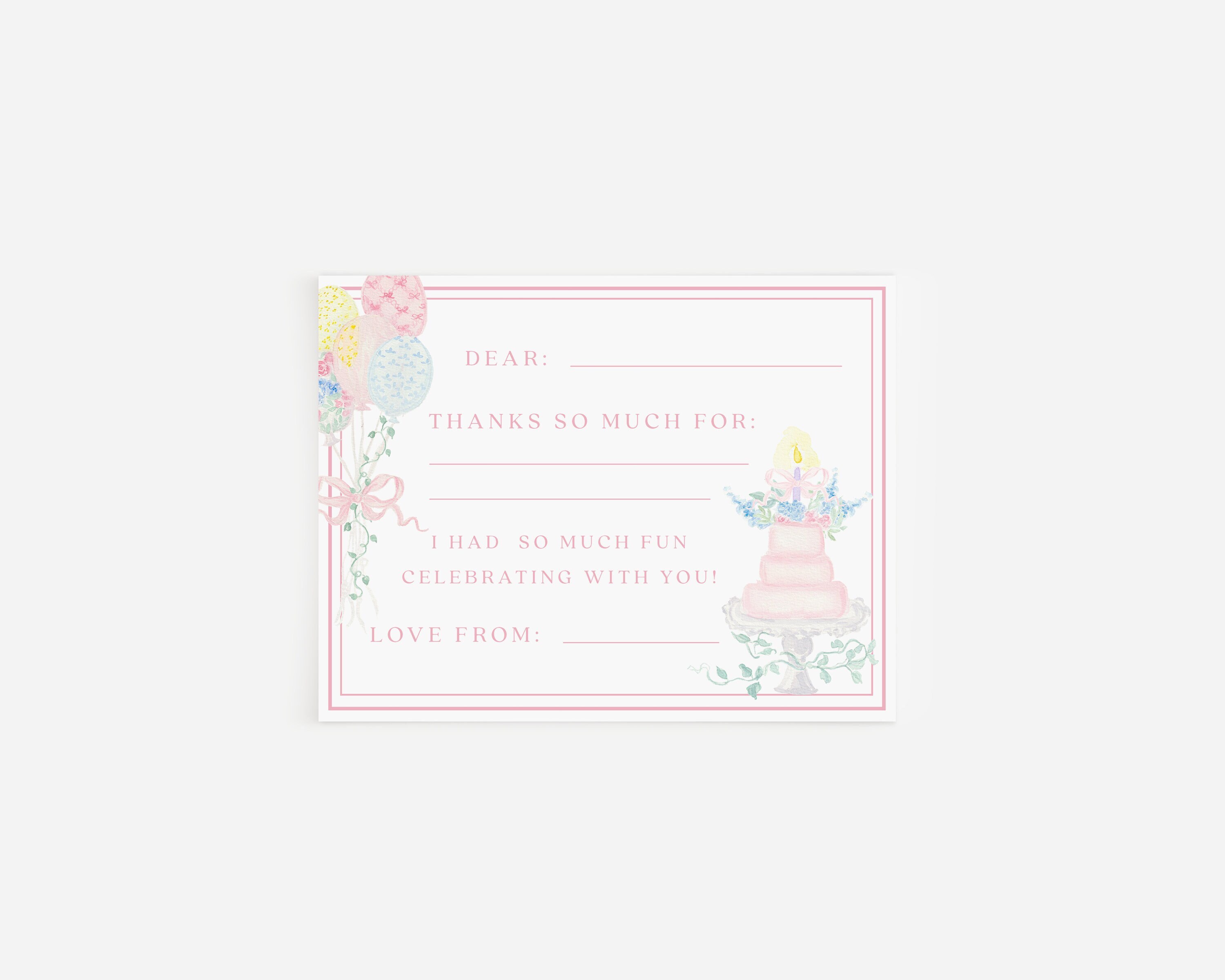 Pink Balloon Ribbon Fill-in the Blank Thank You Card for Kids, Editable ...