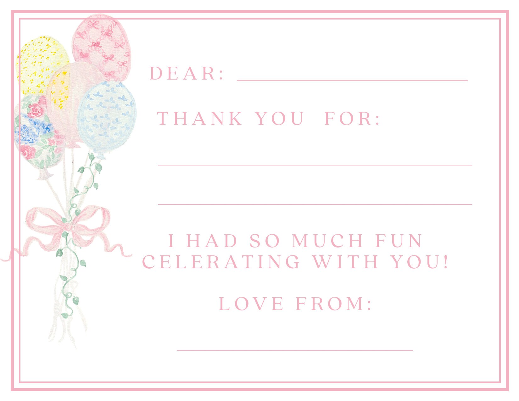 Pink Balloon Ribbon Fill-in the Blank Thank You Card for Kids, Editable ...