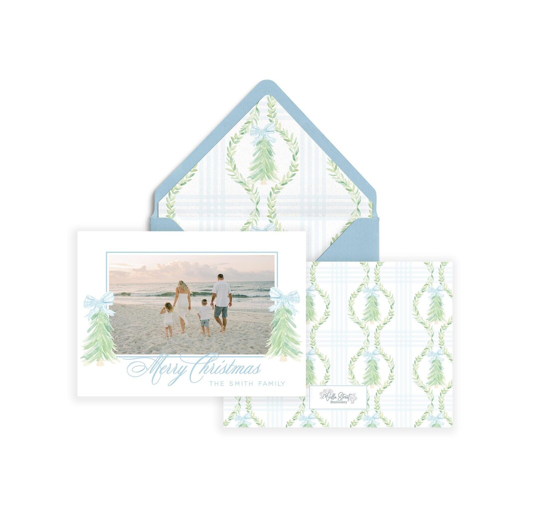 Blue Christmas Tree Christmas Photo Card, Watercolor Blue Christmas ...