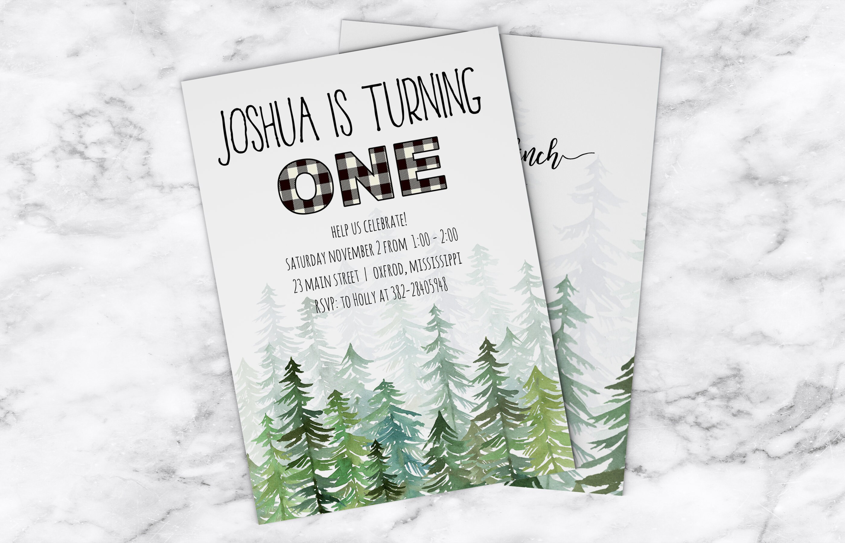 Joshua Outdoor Birthday Invitation Buffalo Plaid Birthday Outdoor Trees ...