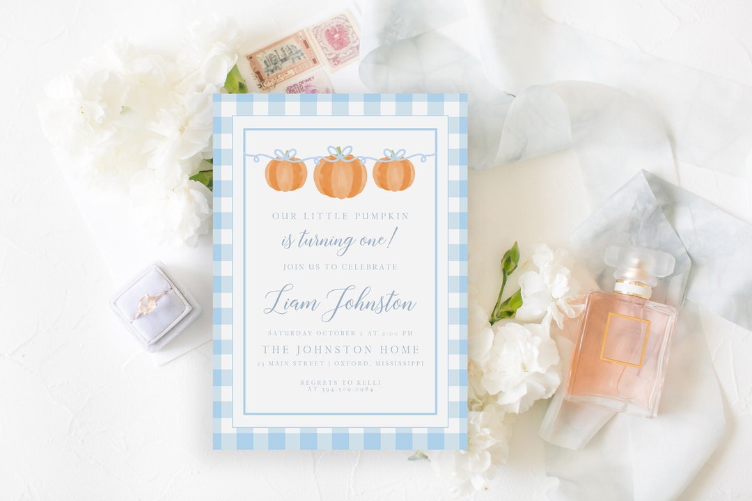 Liam Watercolor Blue Pumpkin Invitation, Editable Our Little Pumpkin ...