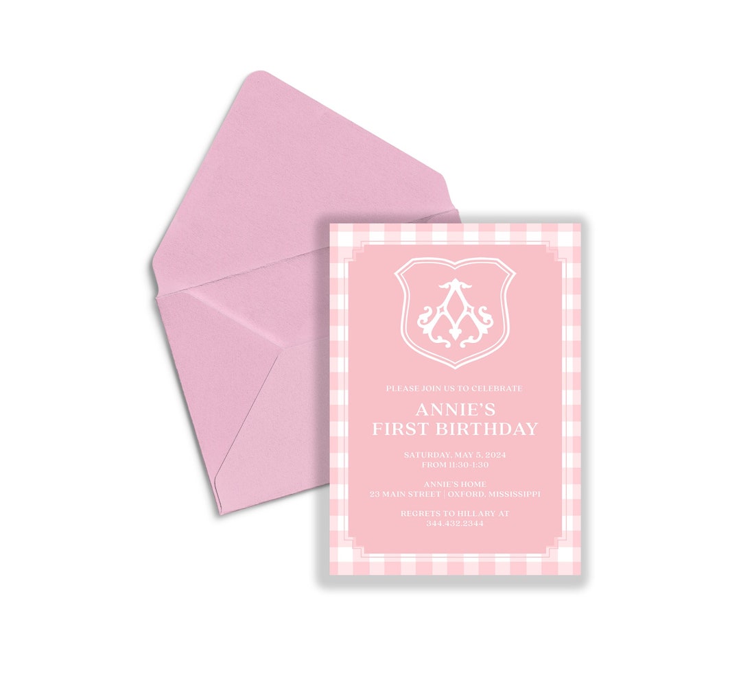 Annie Watercolor Monogrammed Crest Invitation, Watercolor Gingham ...