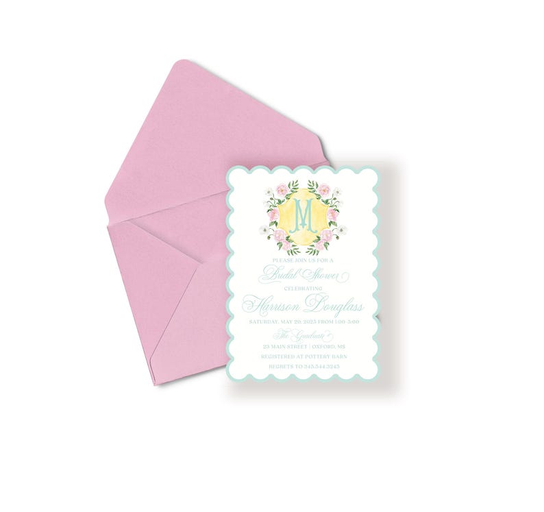 Floral Crest Bridal Shower Invitation, Watercolor Design (digital or ...