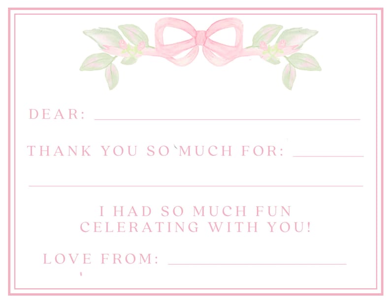 Pink Ribbon Fill-in the Blank Thank You Card for Kids, Editable ...