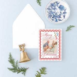 Ornate Pink Stocking, Grandmillenial Watercolor Photo Christmas Card ...