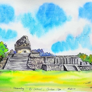 Original Ink and Watercolor Painting From Mexico, Chichen Itza, Mayan ...