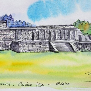 Original Ink and Watercolor Painting From Mexico, Chichen Itza, Mayan ...