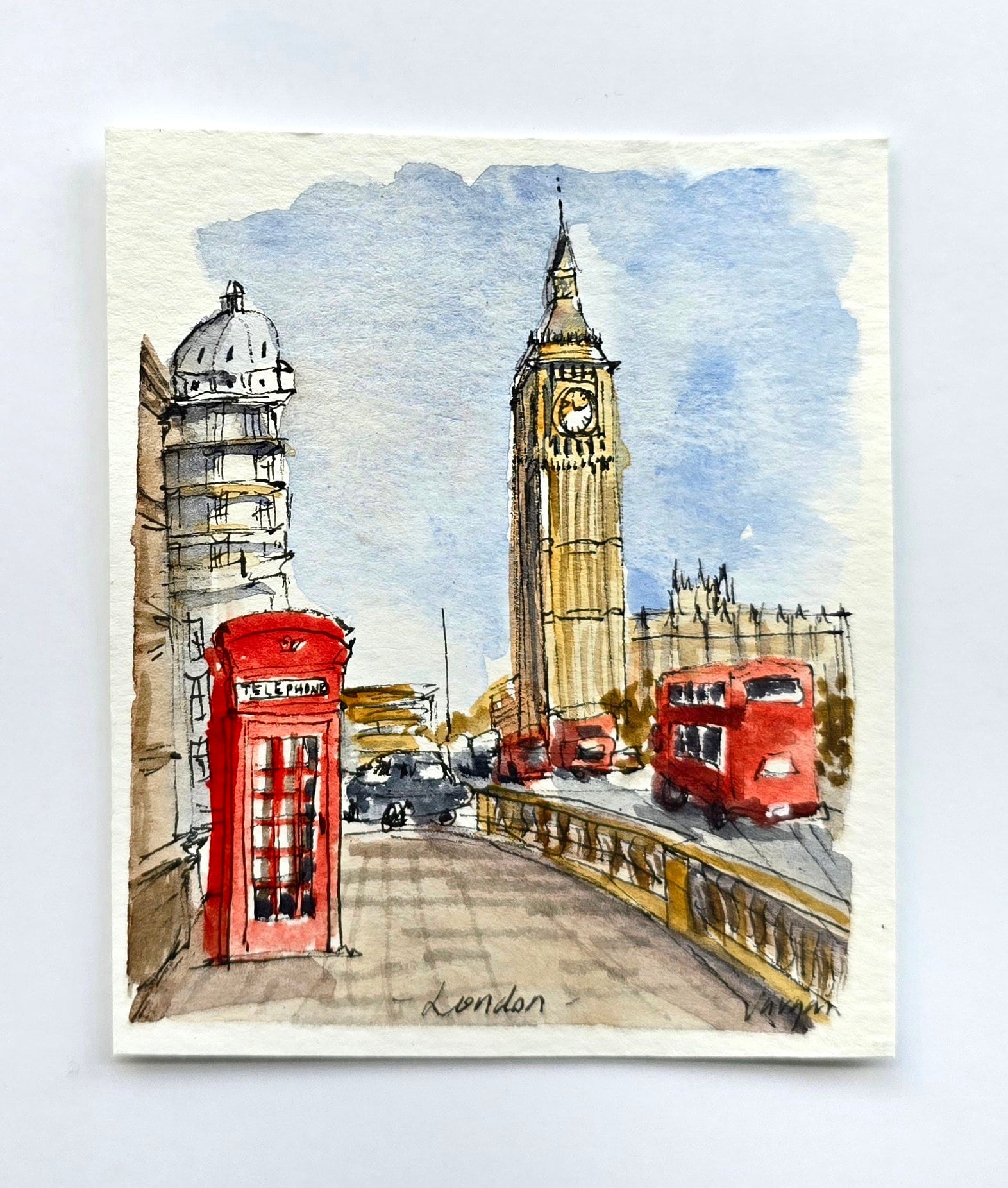 Miniature Watercolor Painting of London Clock and Double Decker Bus 3x3 ...