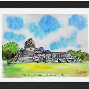 Original Ink and Watercolor Painting From Mexico, Chichen Itza, Mayan ...