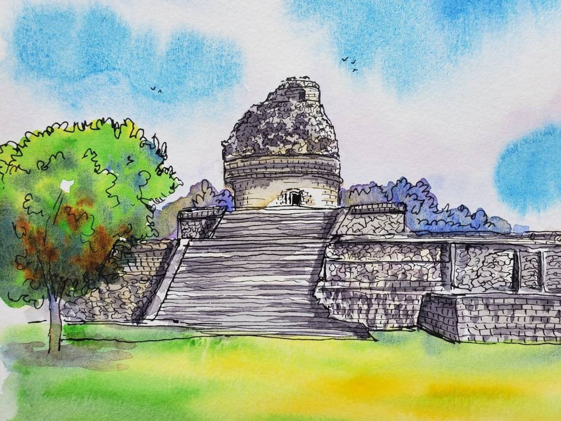 Original Ink and Watercolor Painting From Mexico Chichen | Etsy