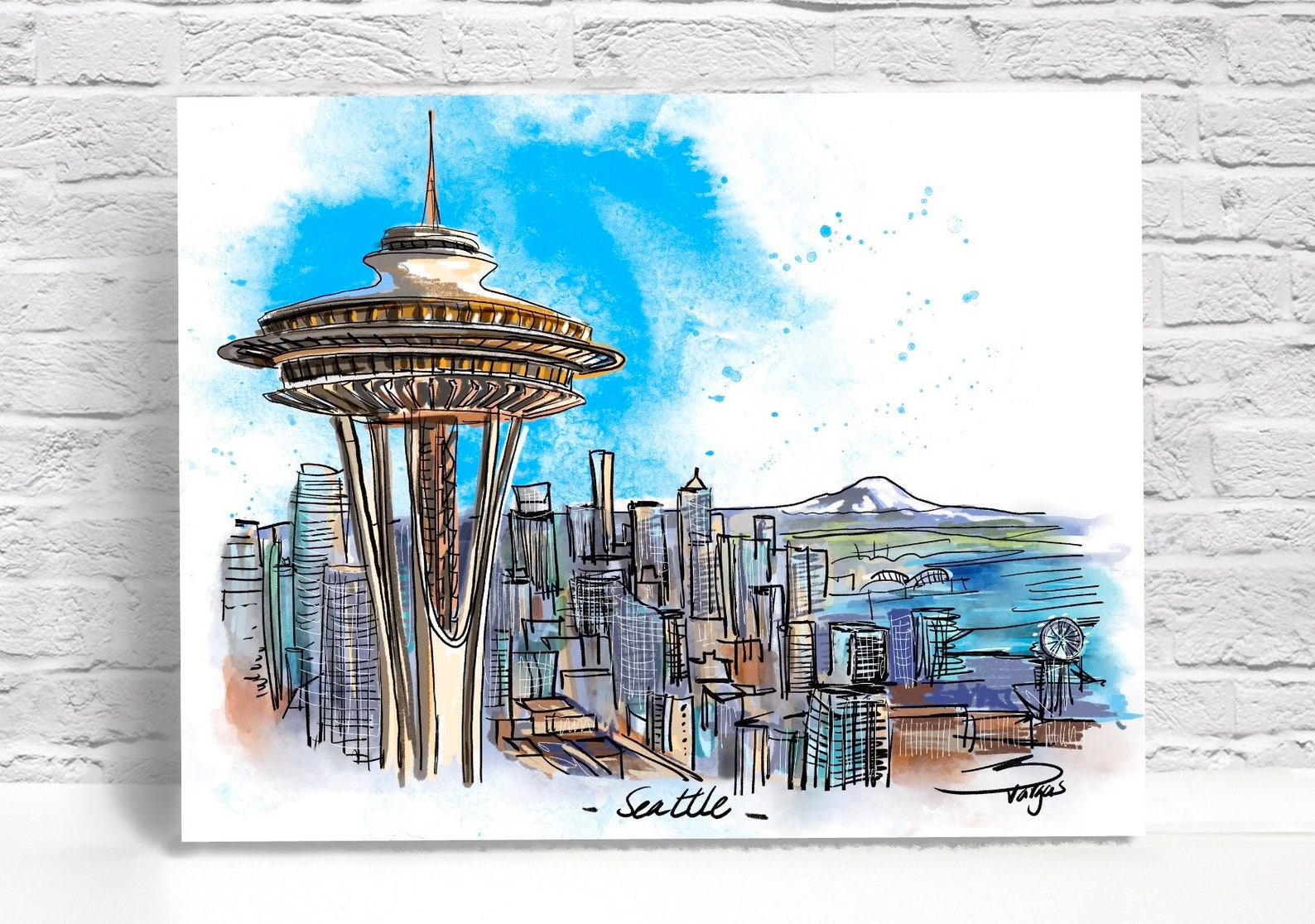 Art Print of Space Needle Seattle skyline with Mount Rainier | Etsy