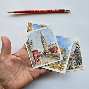 Miniature Watercolor Painting of London Clock and Double Decker Bus 3x3 ...