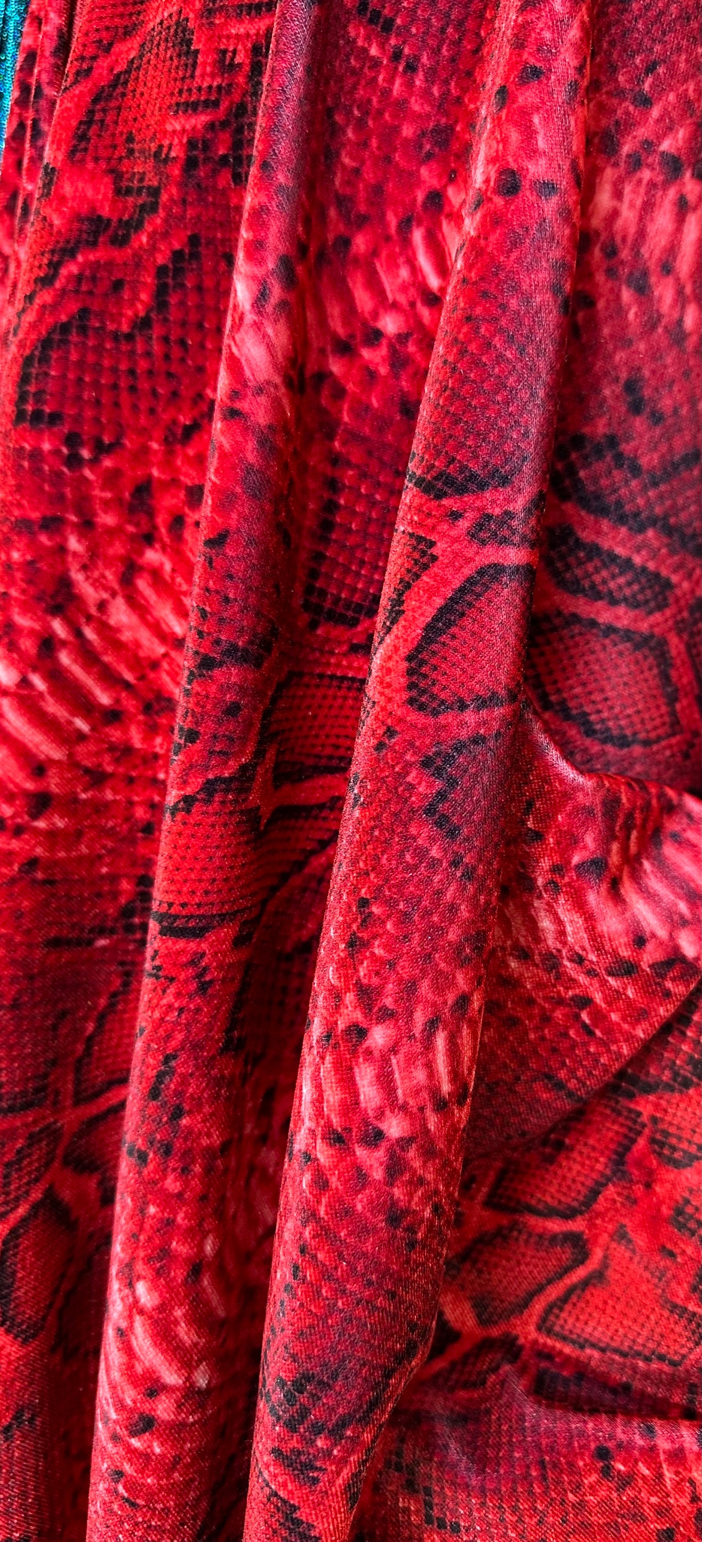 New Red Snake Print on Velvet Stretch Fabric Sold by Yard. 4 Way ...