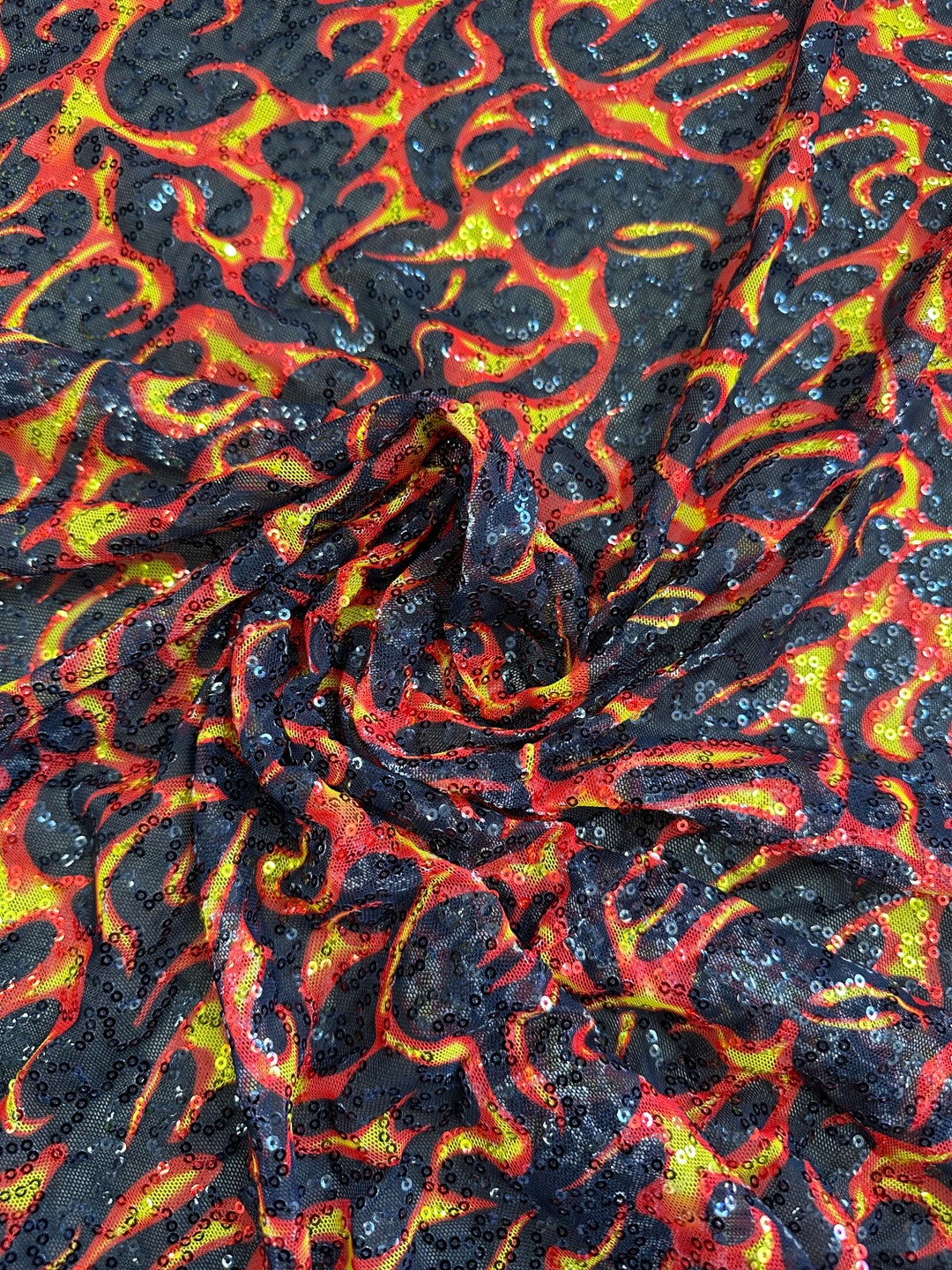 New Sequins Flames Print on Mesh Fabric Base 4 Way Stretch 60” Wide ...