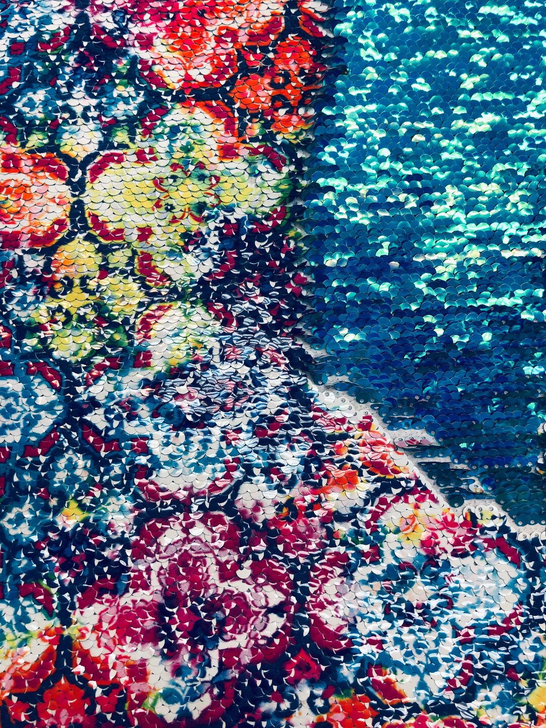 Reversible Print Flip up Sequins Fabric- Multicolor Kaleidoscope Print ...