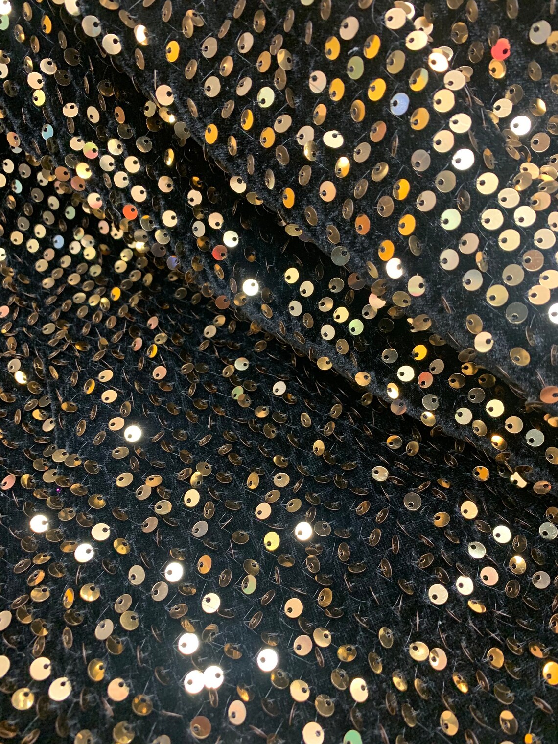 Dangling Light Gold 5mm Sequins on Black Velvet Stretch Fabric - Etsy