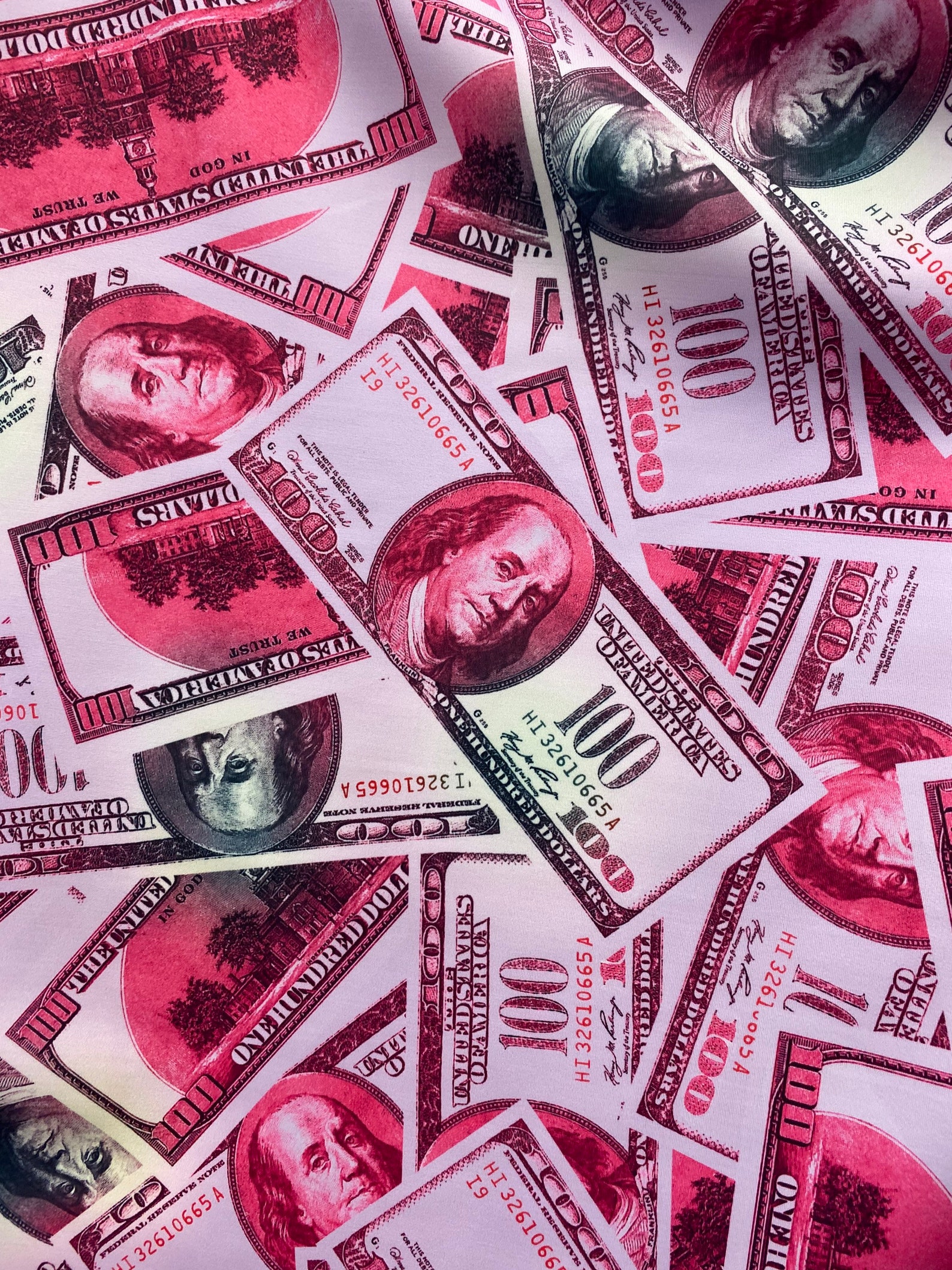 Pink 100 Dollar Bills Money Print Fabric Four Way Stretch Spandex ...
