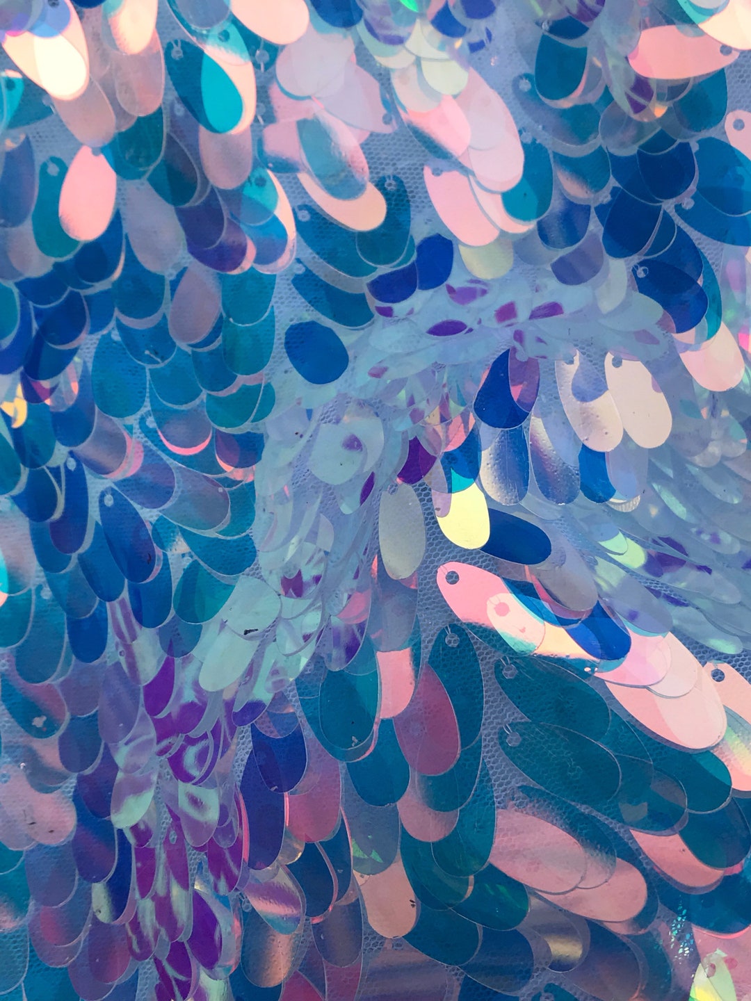 Clear White Iridescent Tear Rain Drops Medium Sequins on White Mesh ...