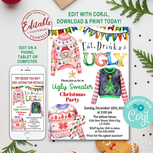 Editable Ugly Sweater Christmas Party Invitation Christmas - Etsy