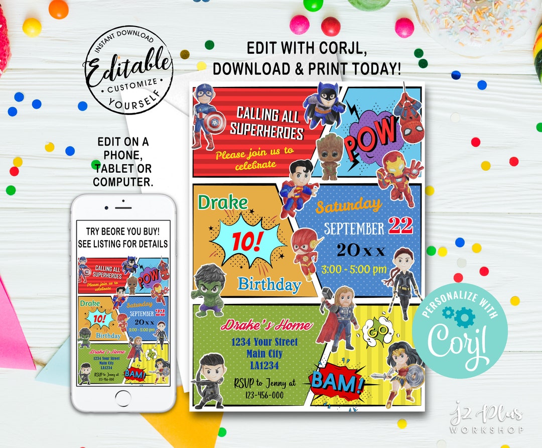 INSTANT DOWNLOAD Corjl Justice League Birthday Invitation - Etsy Australia