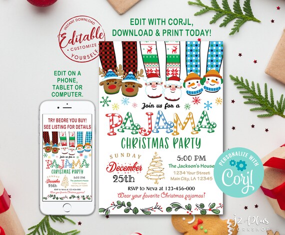 INSTANT DOWNLOAD Corjl Christmas Pajama Invitations Pajama - Etsy