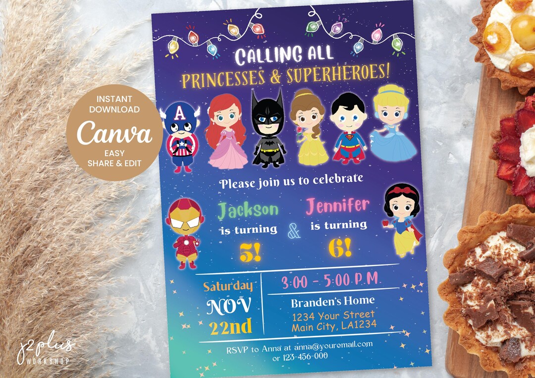 Princess & Superhero Birthday Invitation, Join Birthday Celebration ...