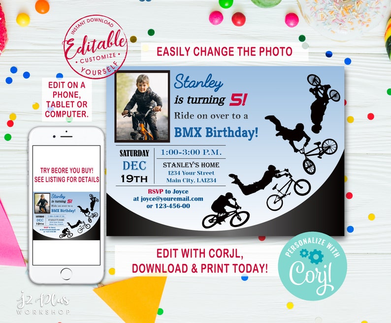 INSTANT DOWNLOAD Corjl Photo Birthday Invitation Bmx Bicycle - Etsy