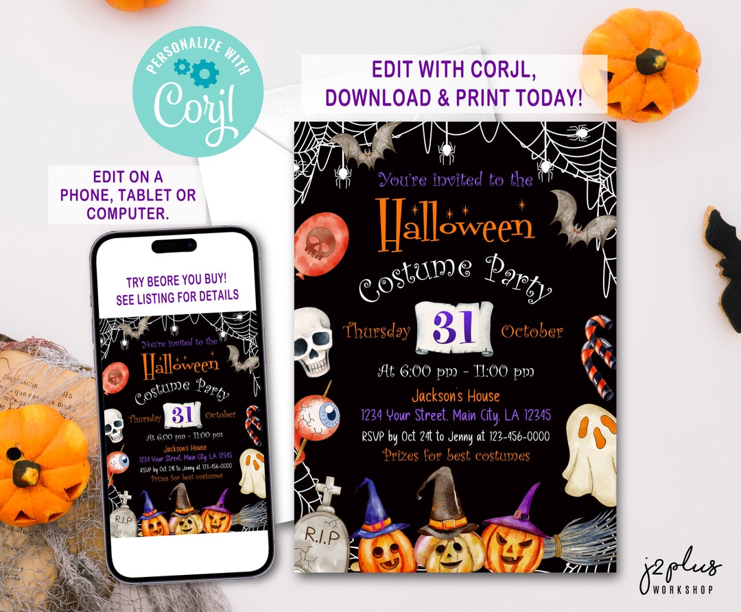 INSTANT DOWNLOAD Corjl Halloween Party Invitation, Halloween Customes ...