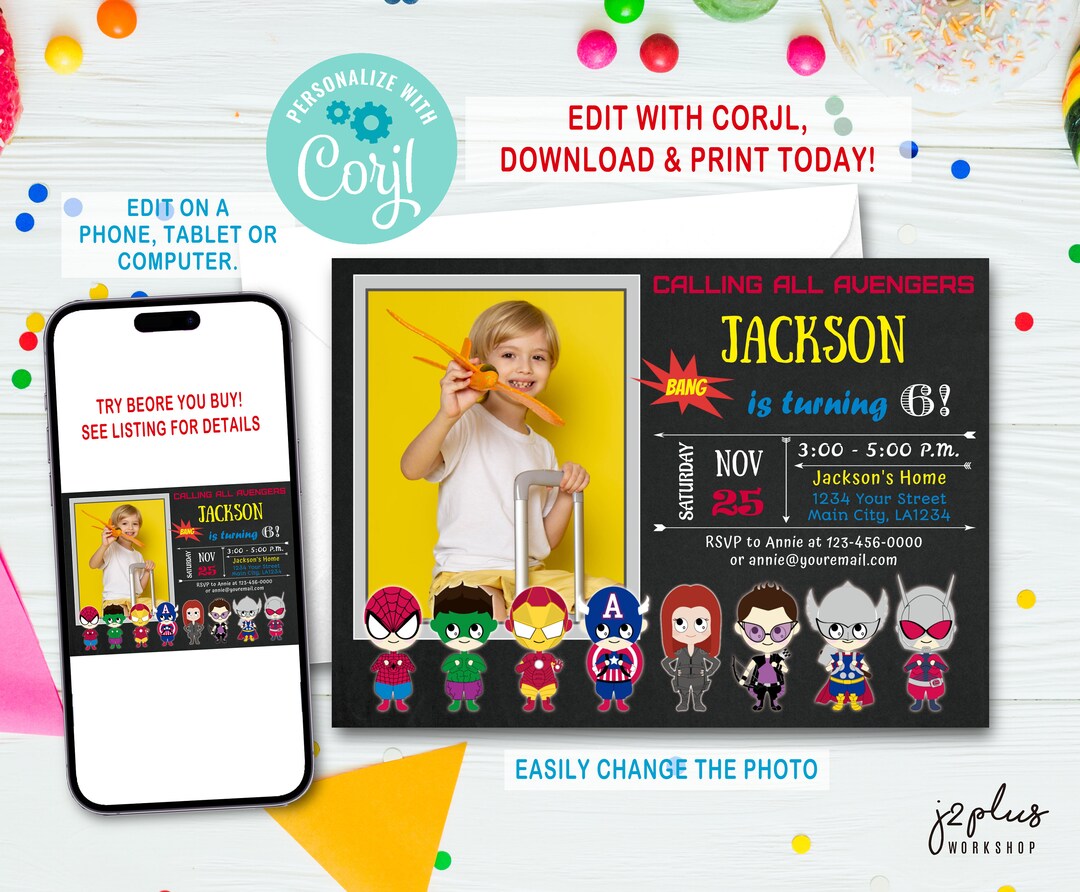 INSTANT DOWNLOAD Corjl Photo Birthday Invitation, Avengers Birthday ...