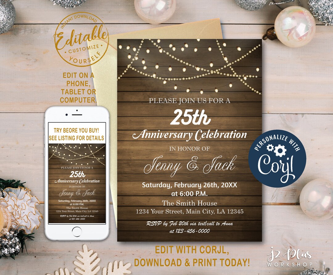 INSTANT DOWNLOAD Corjl Wedding Anniversary Invitation Rustic - Etsy