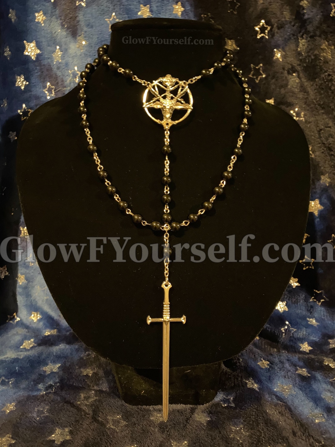 Sword and Baphomet Rosary: Black, Silver, or Glow in the Dark - Etsy