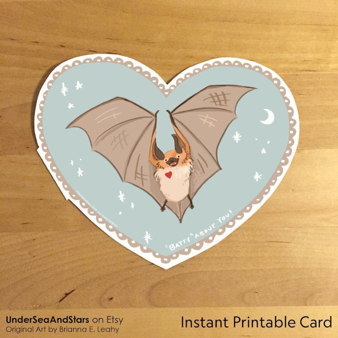 Batty About You, Bat Valentine Card, 5x4" Printable, Instant Card ...