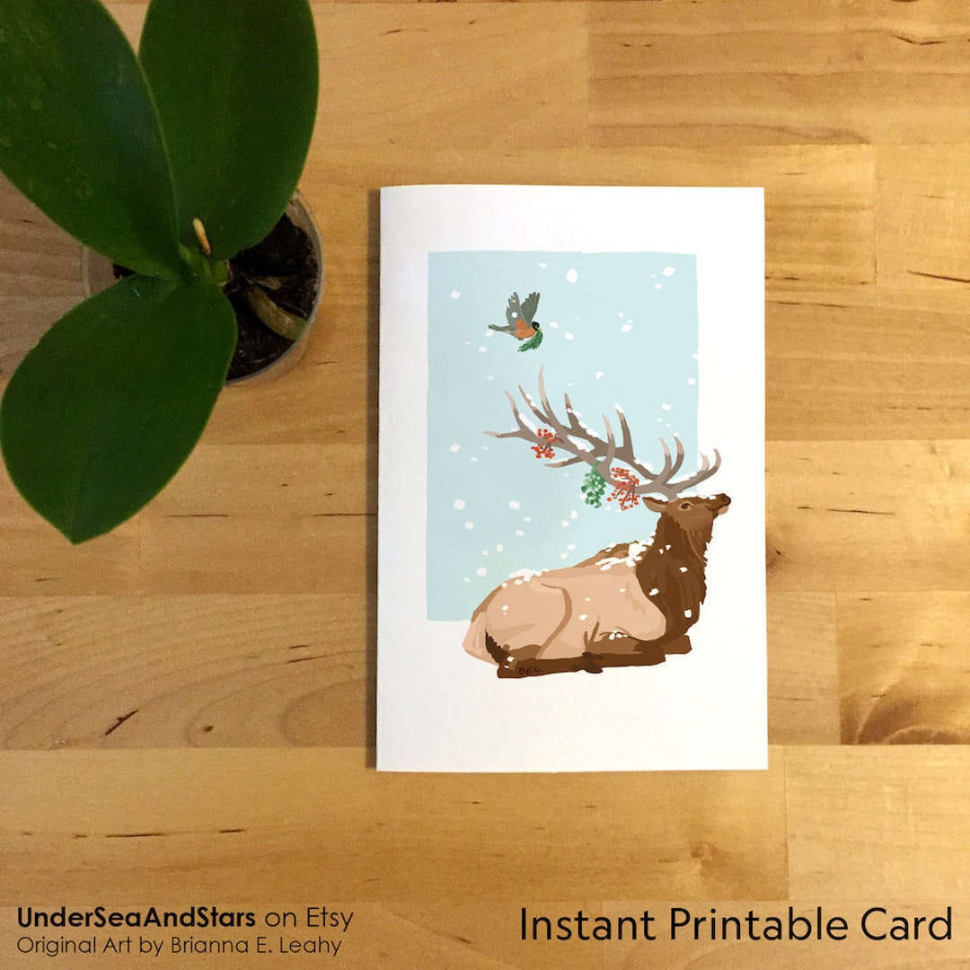 Printable Elk Card, 4x6" Instant Card, Friends Christmas Card, Reindeer ...