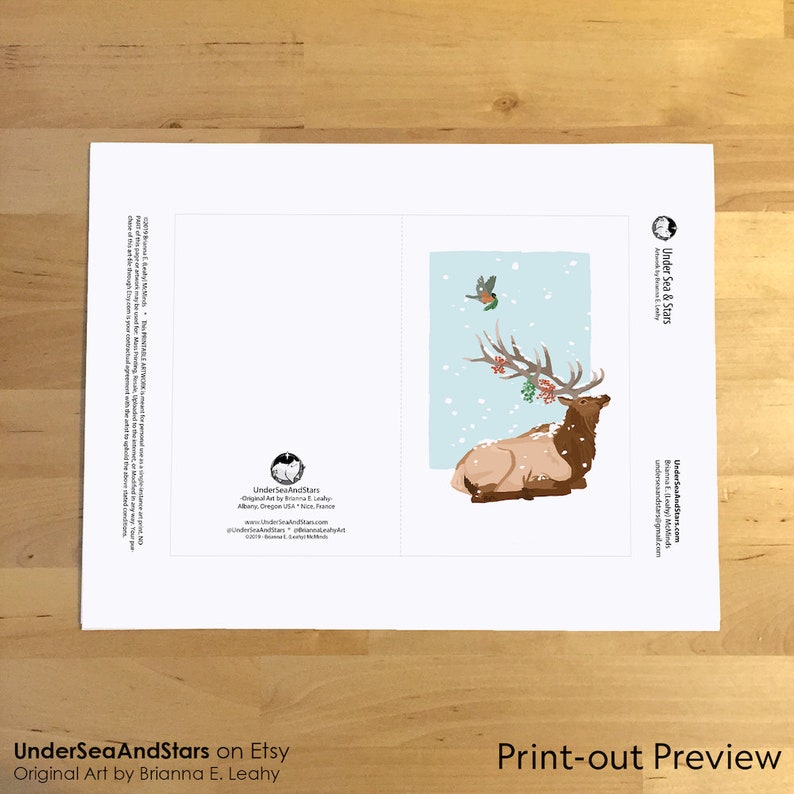 Printable Elk Card, 4x6" Instant Card, Friends Christmas Card, Reindeer ...