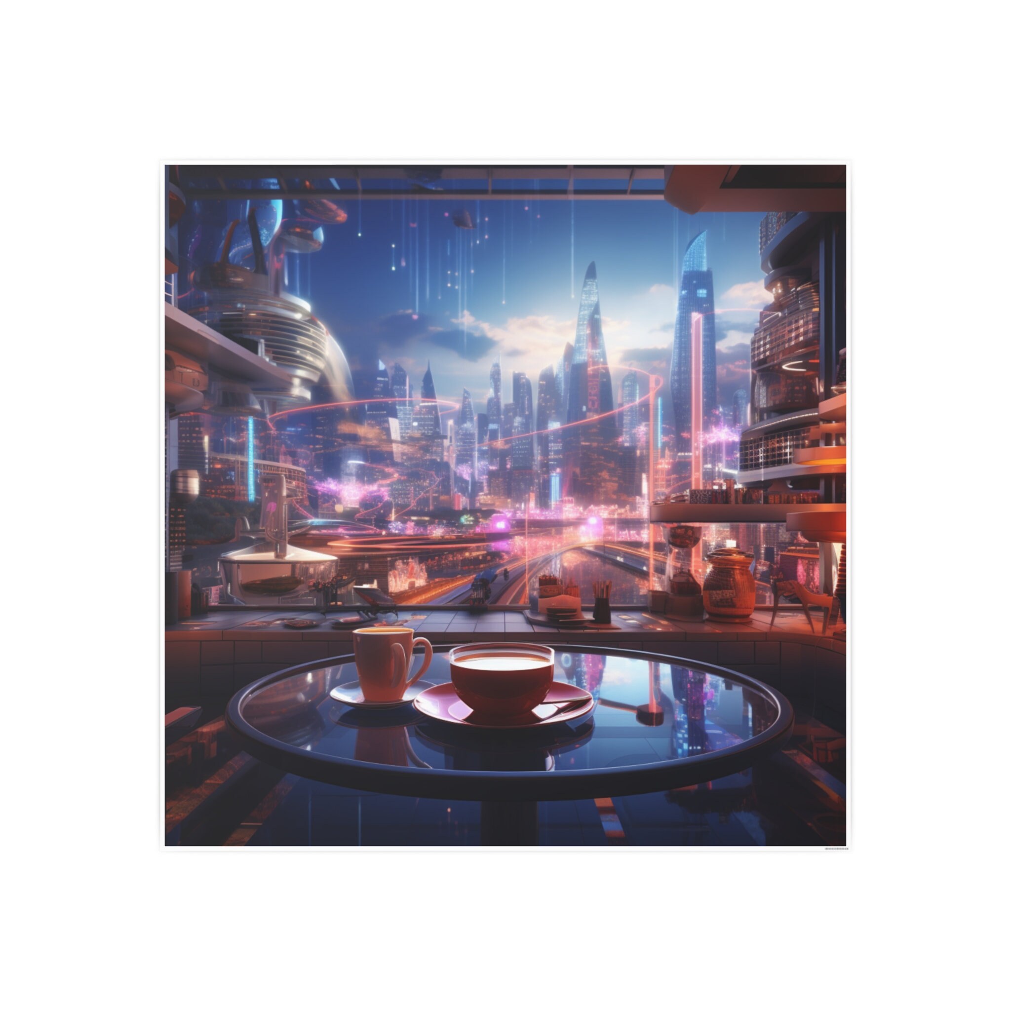 Futuristic Cityscape Coffee Poster - Levitating Cup & Holographic Setup ...