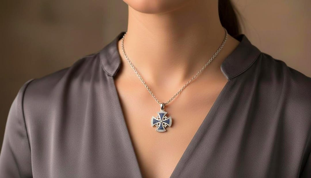 Natural Sapphire and Diamond Jerusalem Cross Pendant Necklace ...