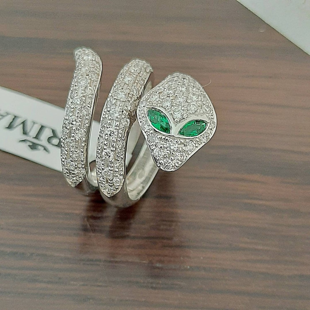Diamond Snake Ring Green Emerald Eyes 18k White Gold Handmade Nature ...
