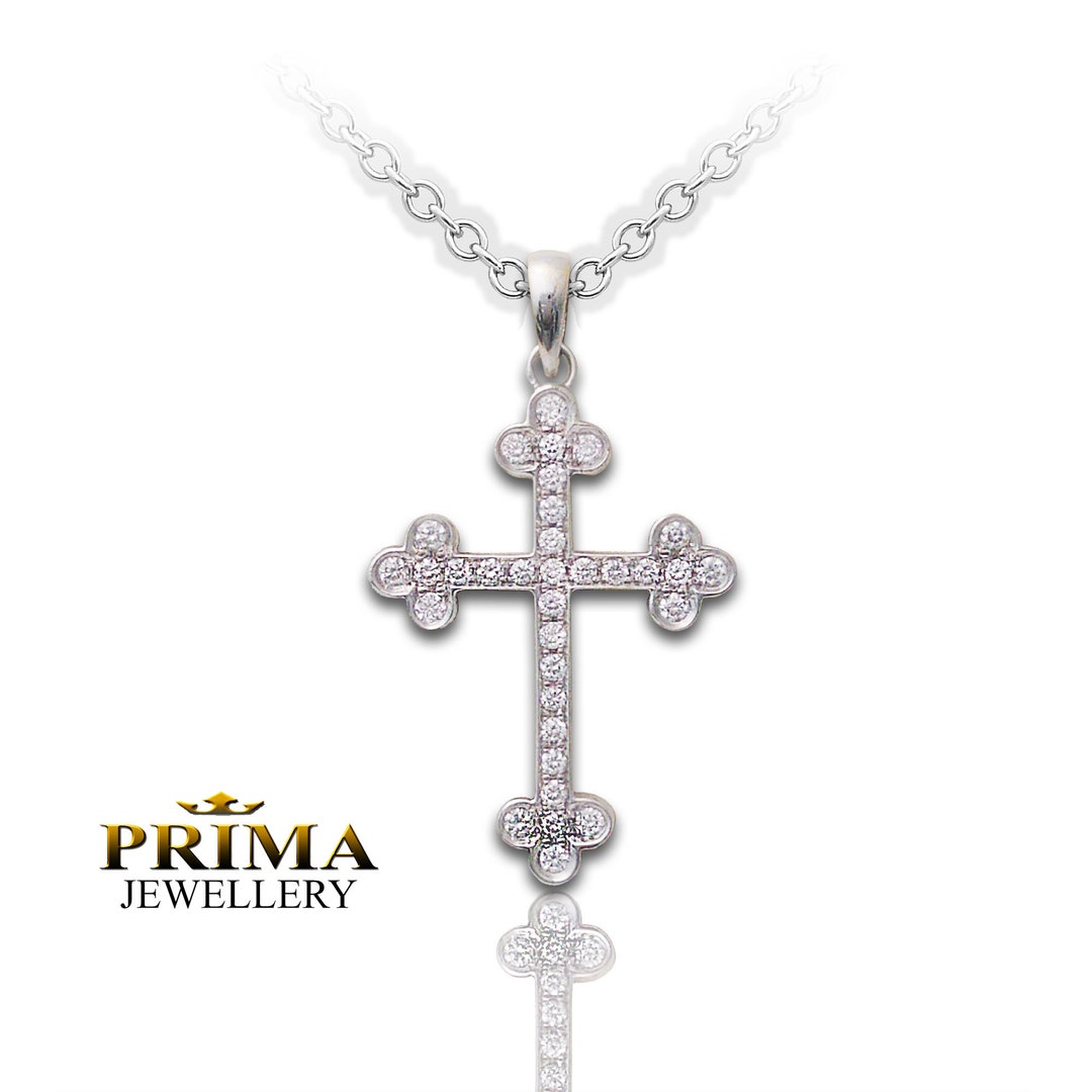 Diamond Orthodox Cross Necklace White Gold Budded Cross Pendant Natural ...