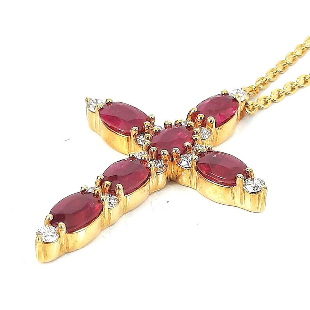 Ruby Cross Necklace, 18k Yellow Gold Oval Rubies and Diamonds Pendant ...