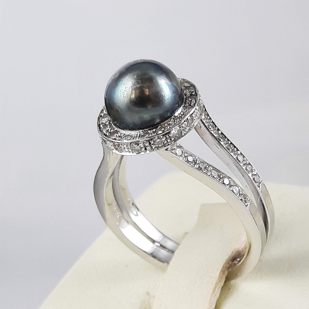 Tahitian Black Pearl Ring 8 Mm Pearl and Diamonds Rings in White Gold ...